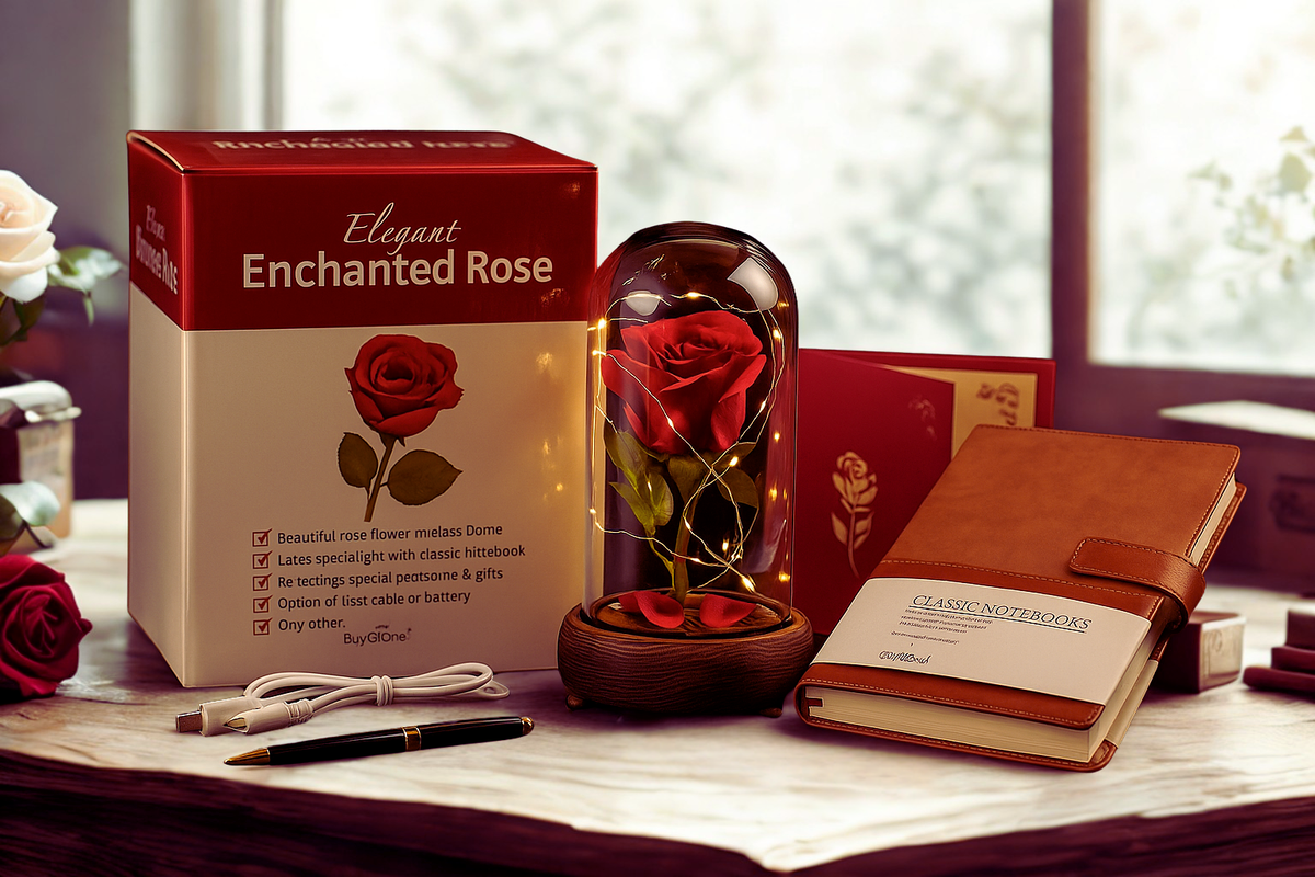 Enchanted Rose in Glass Valentine Gift set With Notebook USB Cable or ...